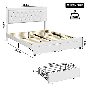 Queen Bed Frame with 2 Storage Drawers, Leather Upholstered Platform Bed Frame with Button Tufted Headboard, Wooden Slats and Adjustable Headboard Mattress Foundation, No Box Spring Needed, White