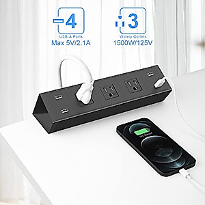 Metal Desk Clamp Power Strip with 4 USB Ports,Desk Edge Power Strip Surge Protector 800J with 3 Widely Spaced Tamper Resistant AC Outlets for Large Plug,6ft Cord,Fit 2 inch Tabletop Edge