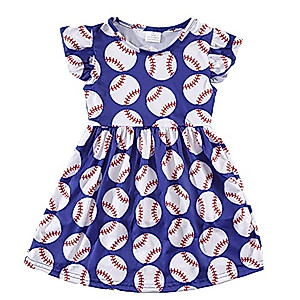 VUMUZU Toddler Girls Baseball Pattern Dresses Autumn Sports Ruffle Bottom Flutter Sleeve Apparel 6-7Y