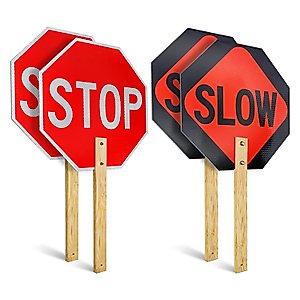 Stop Slow Sign with Bamboo Handle, 2-Pack 13" x 13" Double Sided Engineer Grade Aluminum Sign, Reflective,Sturdy, Easy to Assemble