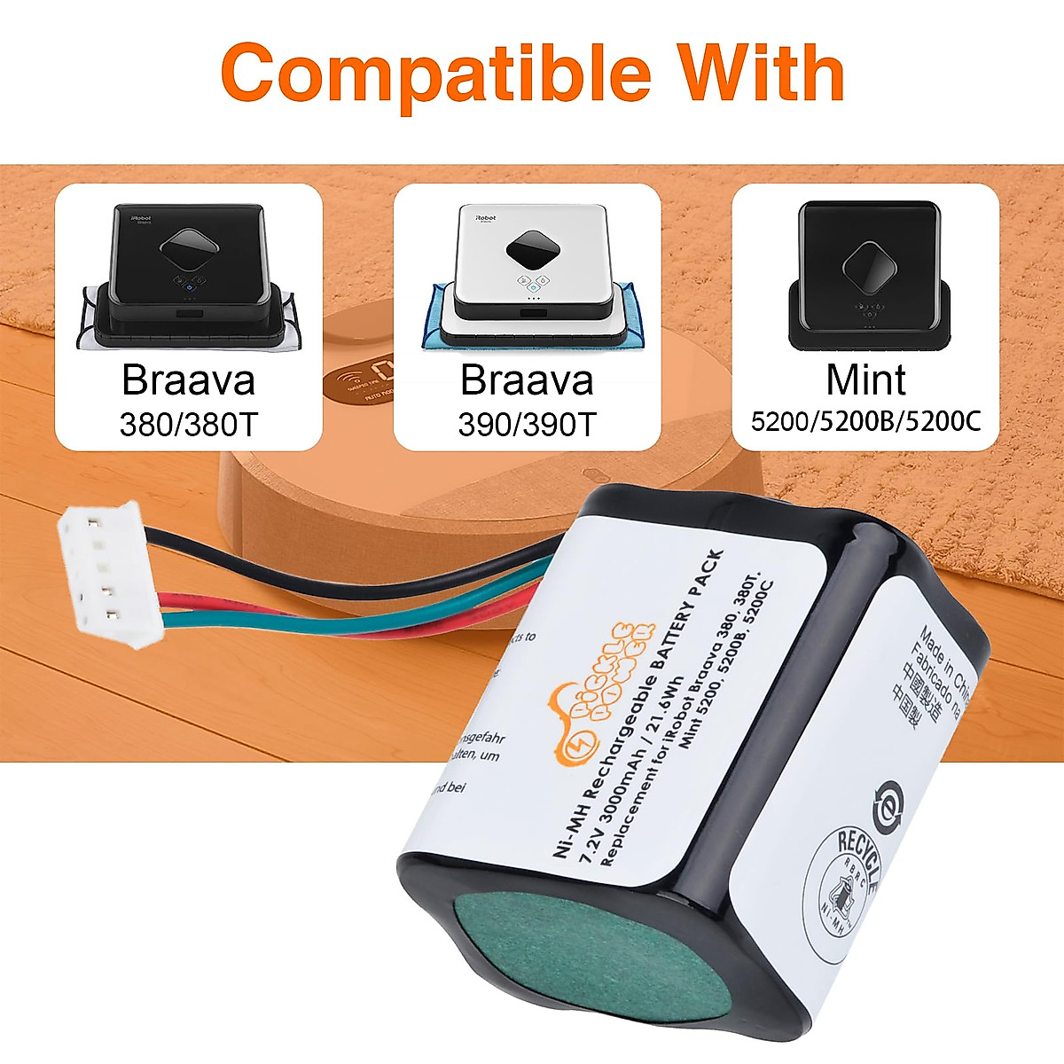 Pickle Power 3000mAh 7.2V NiMH Battery Replacement for iRobot 380 380T 390 390T Mint 5200 5200B 5200C Vacuum Cleaner