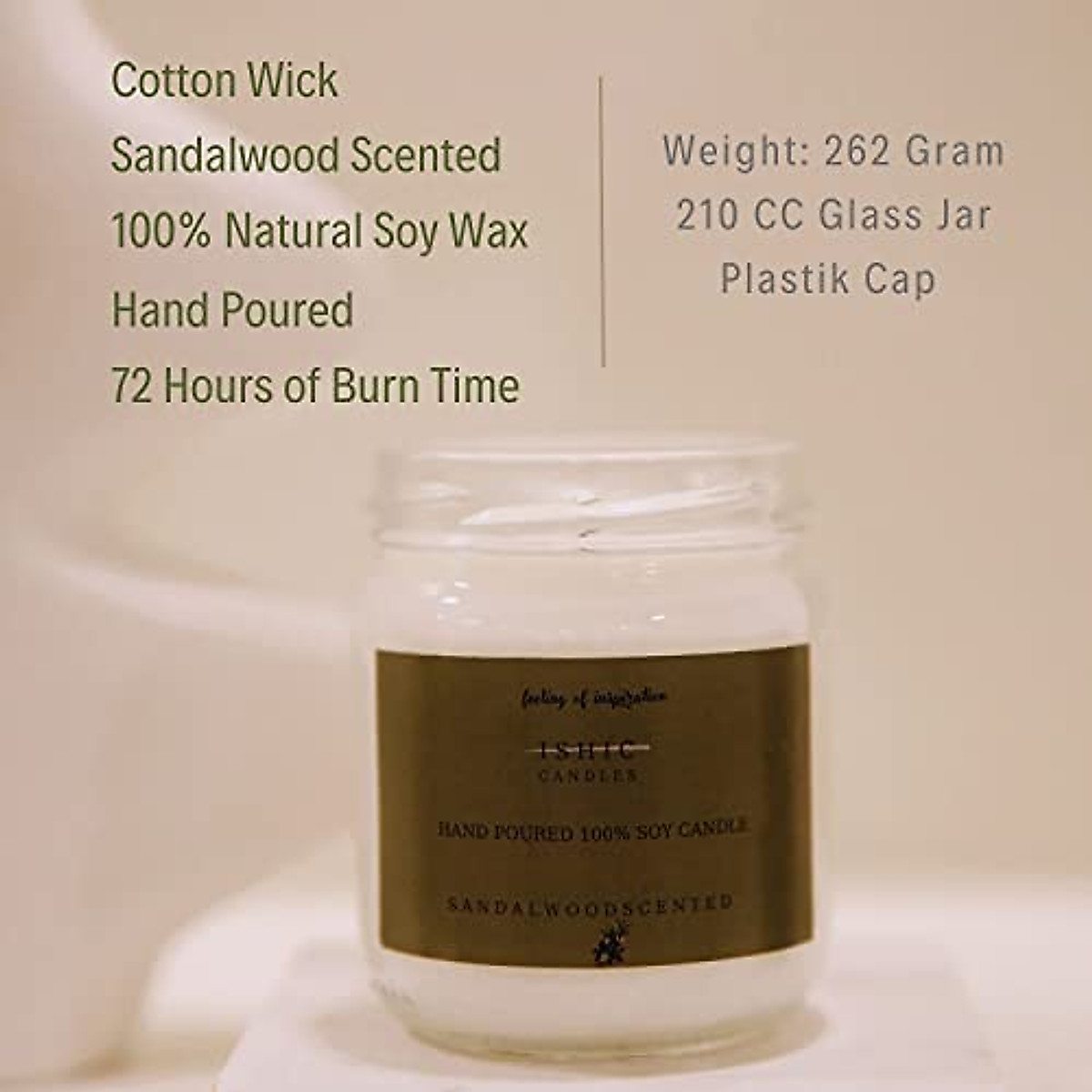ISHIC Candles 100% Natural Soy Wax Sandalwood Scented Hand Poured Decorative Jar Candle, with Cotton Wick, 72 Hours of Burn Time