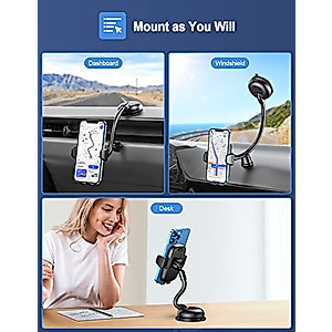 Cezuly Phone Mount for Car [Anti-Shake Stabilizer], 7.5" Gooseneck Windshield & Dashboard Car Phone Holder Mount, [Strong Suction Cup] Long Arm Cell Phone Holder Car Compatible with 4-7" Phones