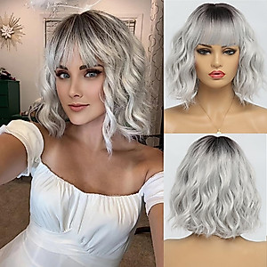 BESTUNG Short White Silver Wigs for Women Ombre Grey Wavy Bob Wig with Bangs Medium Length Synthetic Hair Water Wave Dark Roots Wig Gray Colorful Wigs（12 Inches）