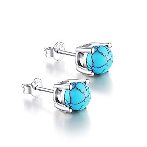 White Gold Plated Sterling Slver Turquoise Stud Earrings 3mm-8mm Options, Simulated Gemstone 4-Prong Studs Hypoallergenic Jewelry (6mm)
