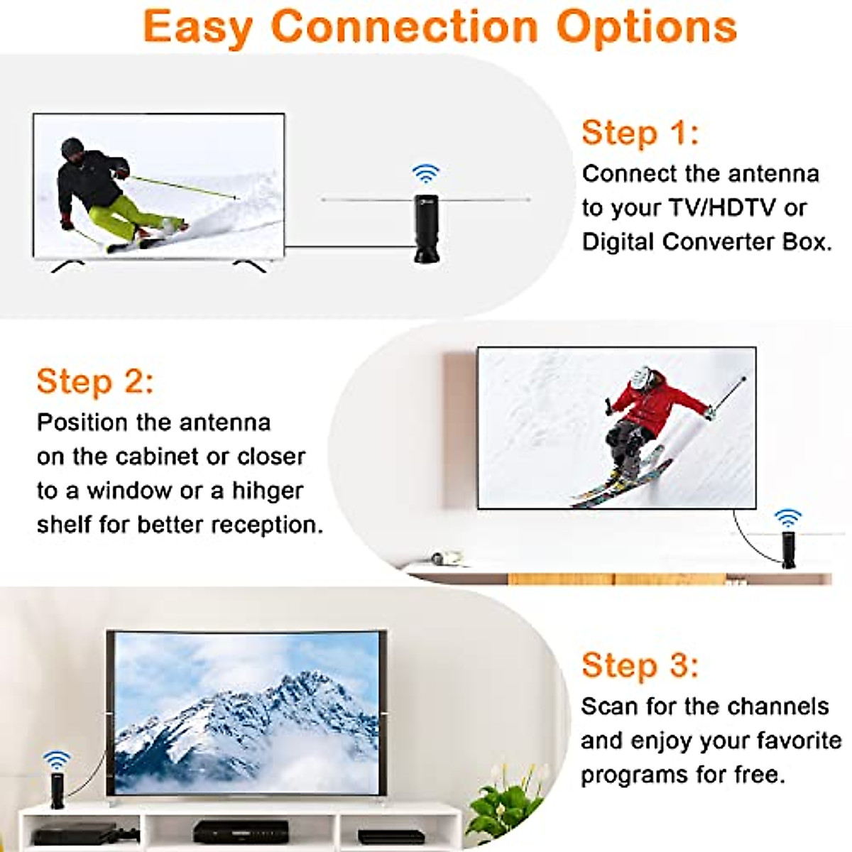 HIDB TV Antenna for Smart TV, Long Range Rabbit Ears Indoor TV Antenna HD Digital for Free-to-air HDTV Channels，Stickiness Base for Easy Placement Both Suitable for Home Car