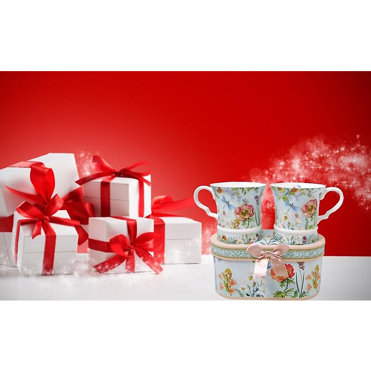 Lightahead® Elegent Bone China Unique Set Of Two Coffee Mugs 10 oz each cup set in attractive gift box elegant floral design