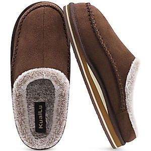 KuaiLu Mens Slippers with Orthotic Arch Support Suede Faux Fur Fluff Plush Wool-like Warm House Shoes Comfortable Slip-on Bedroom Indoor Outdoor Clogs Slippers for Man, Size Brown 11