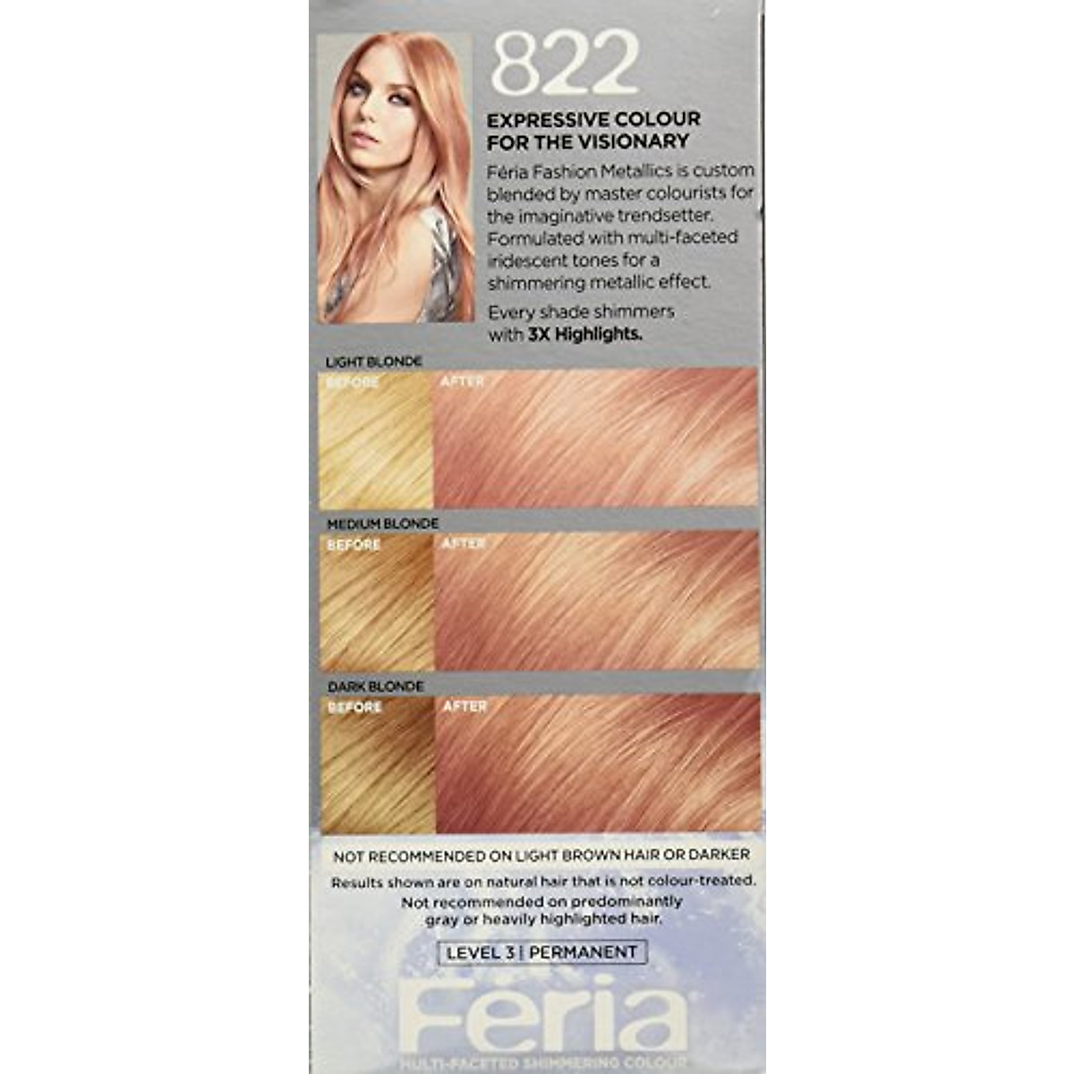 L'Oreal Paris Feria Multi-Faceted Shimmering Permanent Hair Color, 822 Rose Gold (Medium Iridescent Blonde), Pack of 1, Hair Dye
