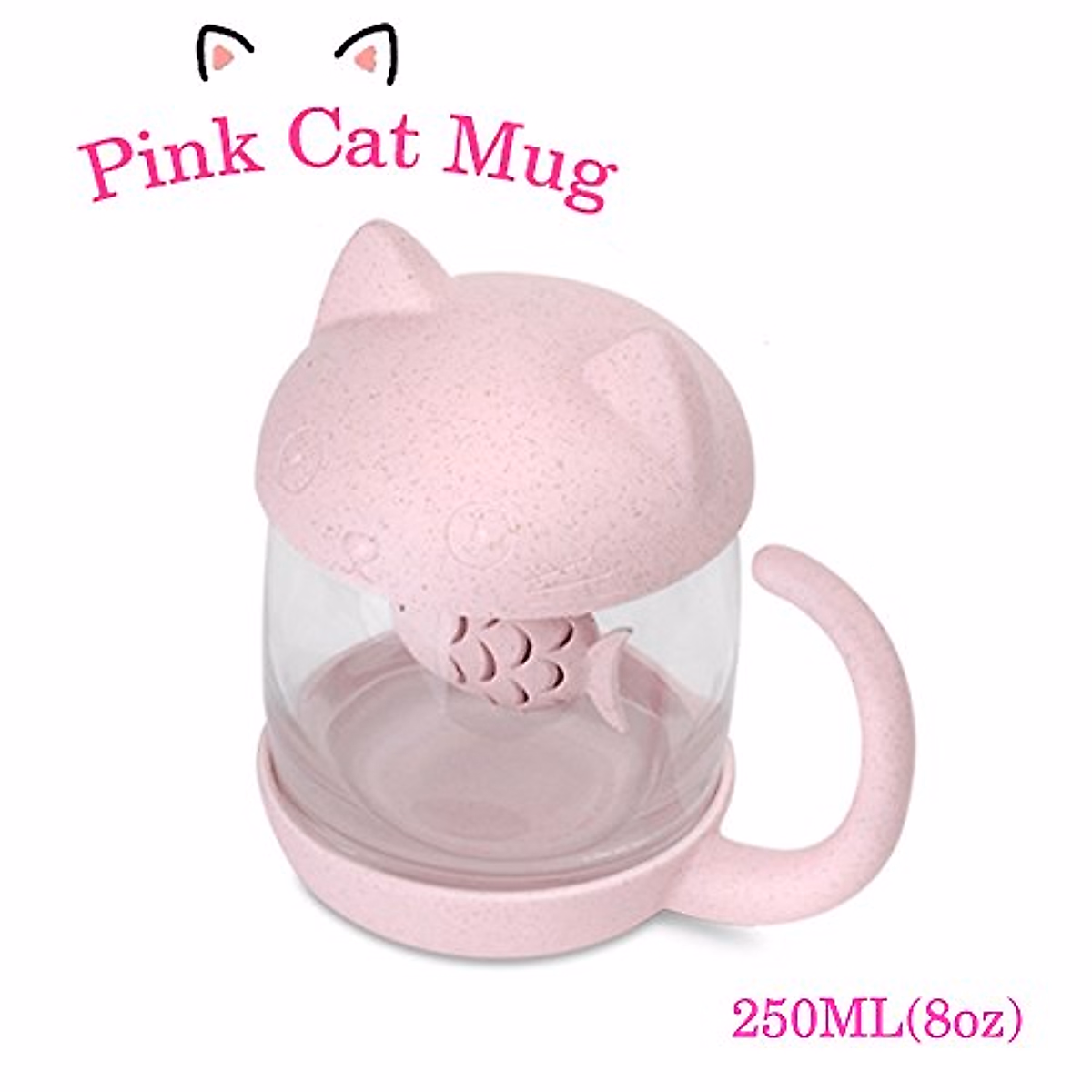 BigNoseDeer Cat Tea Cup Cute Tea Mug Glass Tea Pot with Fish Tea Infuser for Loose Leaf Tea (Pink 8oz)