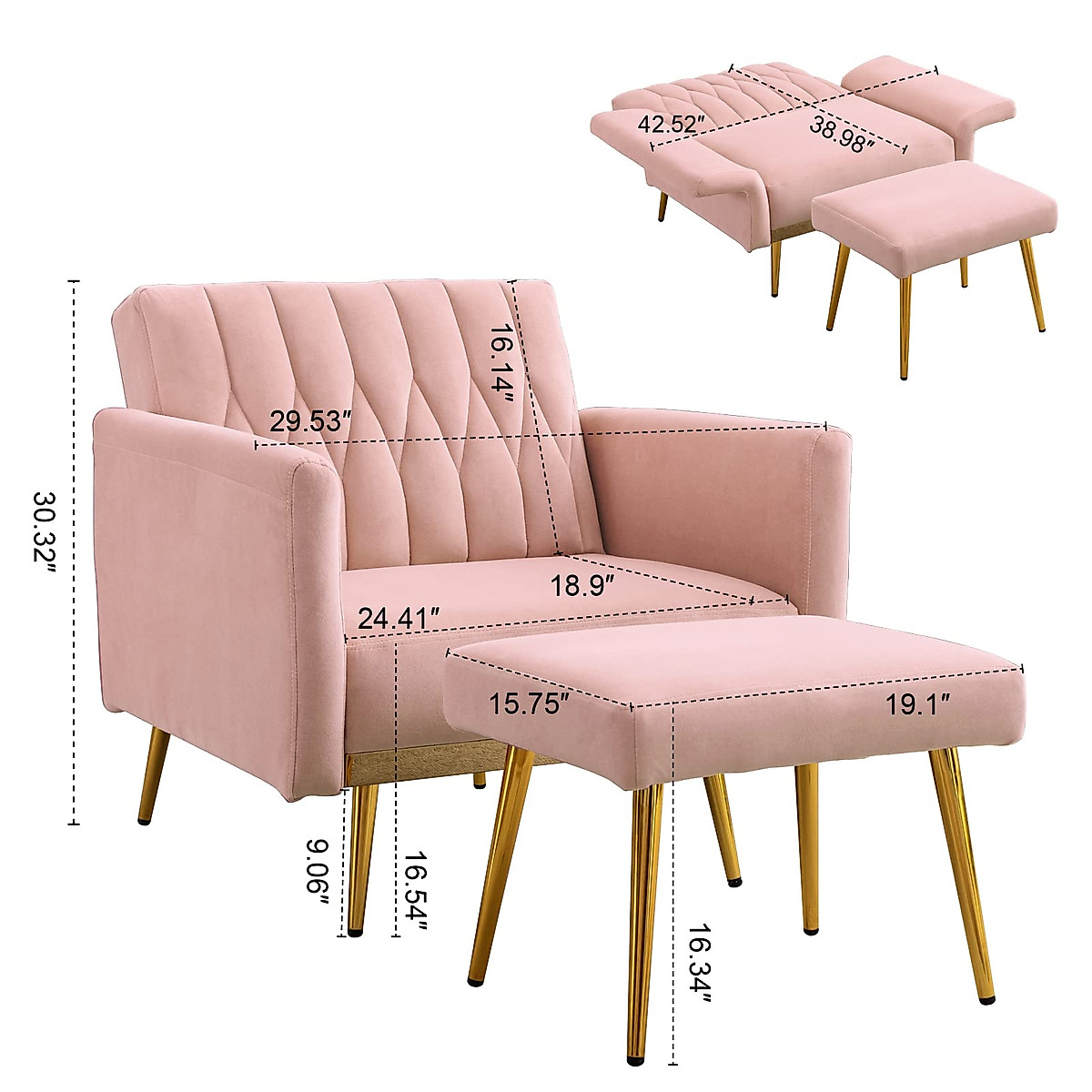 Modern Velvet Single Sofa Chair with Ottoman, Accent Living Room Chairs with Adjustable Armrests, Upholstered Tufted Lounge Chair for Home, Bedroom, Office (Pink)