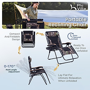 PHI VILLA XXL Oversized Padded Zero Gravity Chair, Foldable Patio Recliner, 30" Wide Seat Anti Gravity Lounger with Cup Holder, Support 400 LBS (Camouflage)