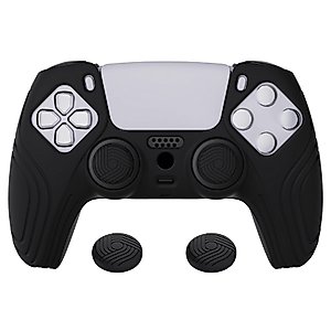 eXtremeRate PlayVital Samurai Edition Black Anti-Slip Controller Silicone Skin for ps5, Ergonomic Soft Rubber Protective Case for ps5 Controller with Black Thumb Stick Caps