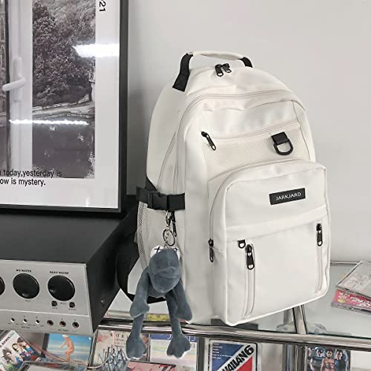 JARKJARD Cute Aesthetic Backpack Kawaii Backpack for School with Cute Pendant Casual Daypack Middle Student Travel College Bookbag for Girls Large Capacity(White)