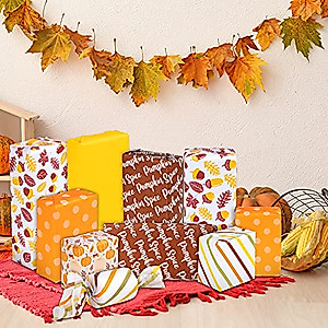 Whaline 90 Sheet Fall Theme Tissue Paper Pumpkin Leaves Dots Stripes Patterned Art Tissue 6 Design Orange Yellow Autumn Wrapping Paper Art Craft Paper for Fall Harvest Thanksgiving Gift Bag Pompom