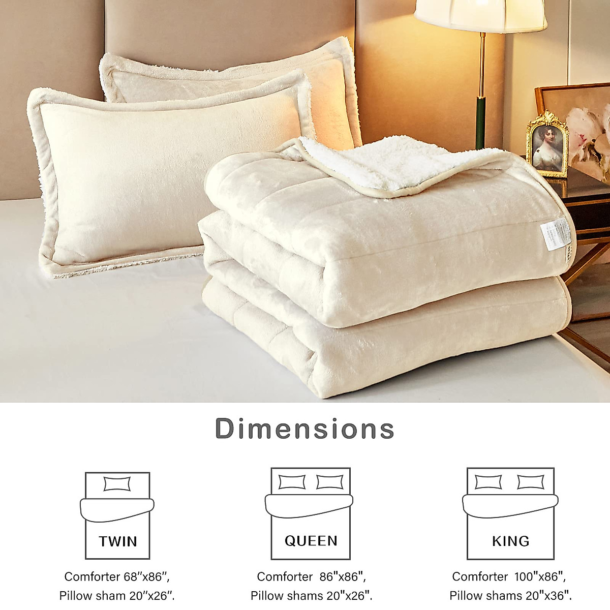 3-Layer Luxury Flannel Fleece Thick Bed Blanket Twin Size for Girls, Soft Plush Velvet Sherpa Blanket with 2 Pillow Shams Heavy Warm for Winter, Breathable n Washable, Cream White