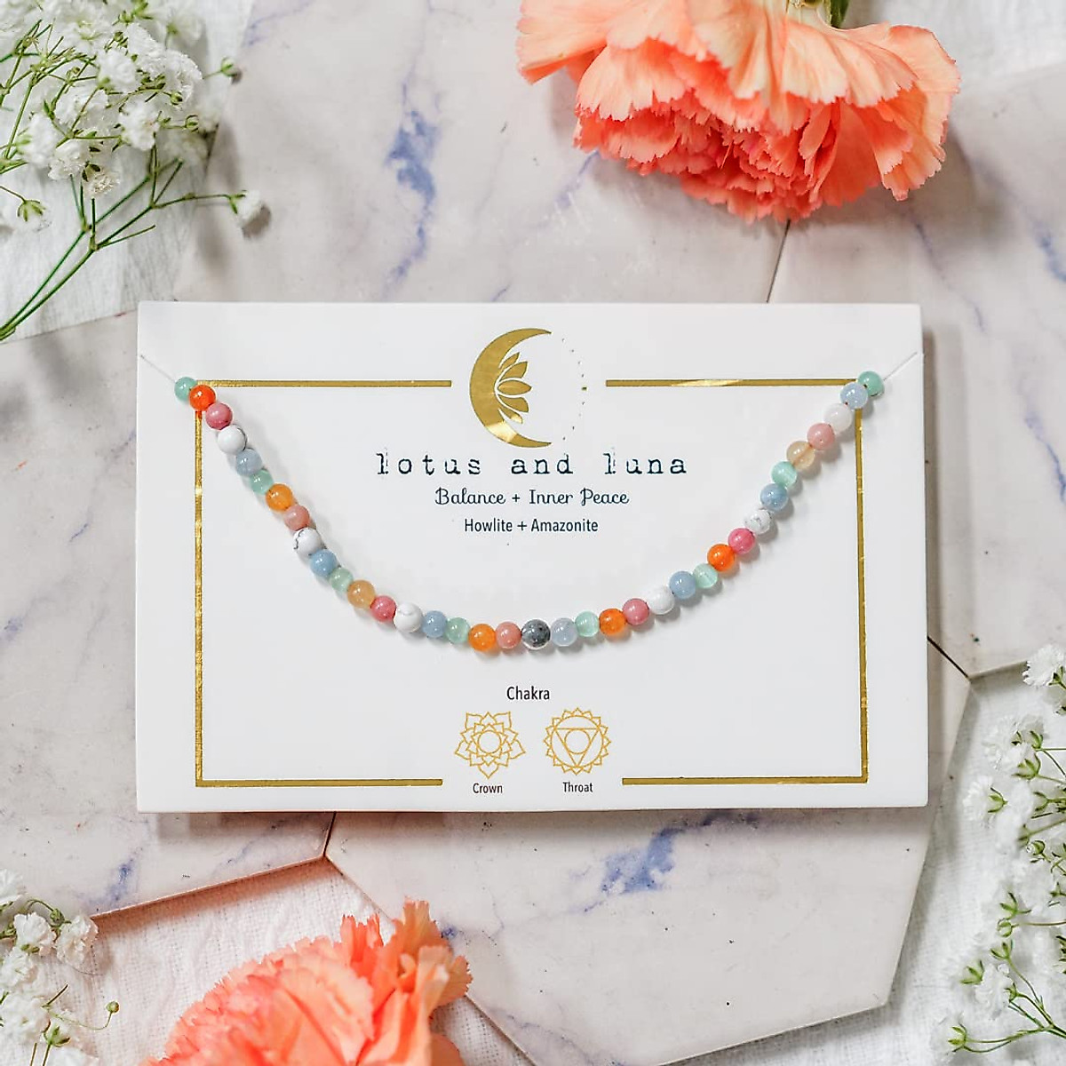 Lotus and Luna 4MM Energy Chakra Healing Necklace with Real Howlite and Amazonite Stones (Balance + Inner Peace)