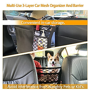 Dog Car Net Barrier with Auto Safety Mesh Organizer Baby Stretchable Storage Bag Between Seats Universal for Cars, SUVs -Easy Install,Safer to Drive with Children and Pets… (3 Layers)
