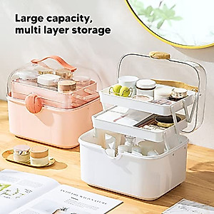 Topyond Makeup Box Organizer 3 Layer, Portable Medicine Storage Box, Large Capacity Transparent Handled Storage Case Multipurpose Makeup Box Craft Organizer for Home(Orange)
