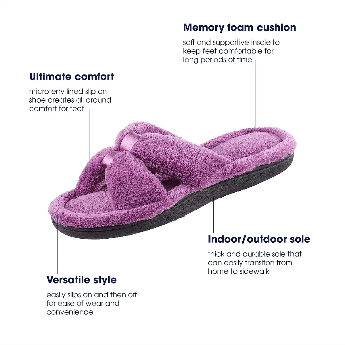 isotoner Women's Microterry Satin X-Slide, Ultraviolet, 8-9