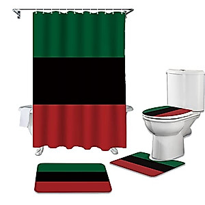 Shower Curtain Set with Bathroom Rugs and Mats Independence Day USA Flag Black Red Green Stripe Bathroom Rugs Set 4 Piece, Non-Slip Rugs,Toilet Lid Cover Bath Mat, Waterproof Shower Curtain for Tub