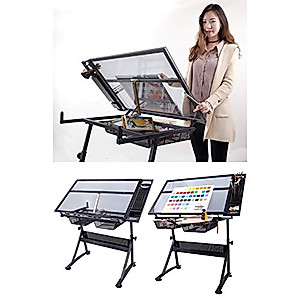 EESHHA Drawing Table Drafting Table with Storage, Height Adjustable Tiltable Art Desk, Glass Panel Drawing Desk, for Work Study Painting Craft Table