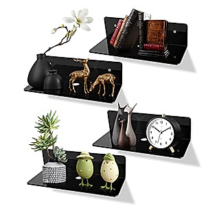 Grathia 4 PCS 9 Inch Acrylic Small Floating Shelves, Adhesive Wall Mounted Shelves Wall Decor Display Hanging Shelves for Living Room, Bathroom, Bedroom, Kitchen, Office with Hole Design (4, Black)