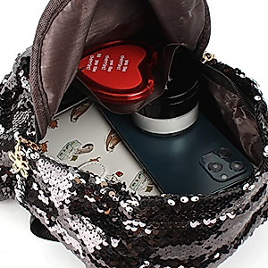 ZLMBAGUS Girls Shining Sequin Faux Leather Backpack Glittery Satchel Fashion Top Handle Shoulder Bag Daypack Purse Black