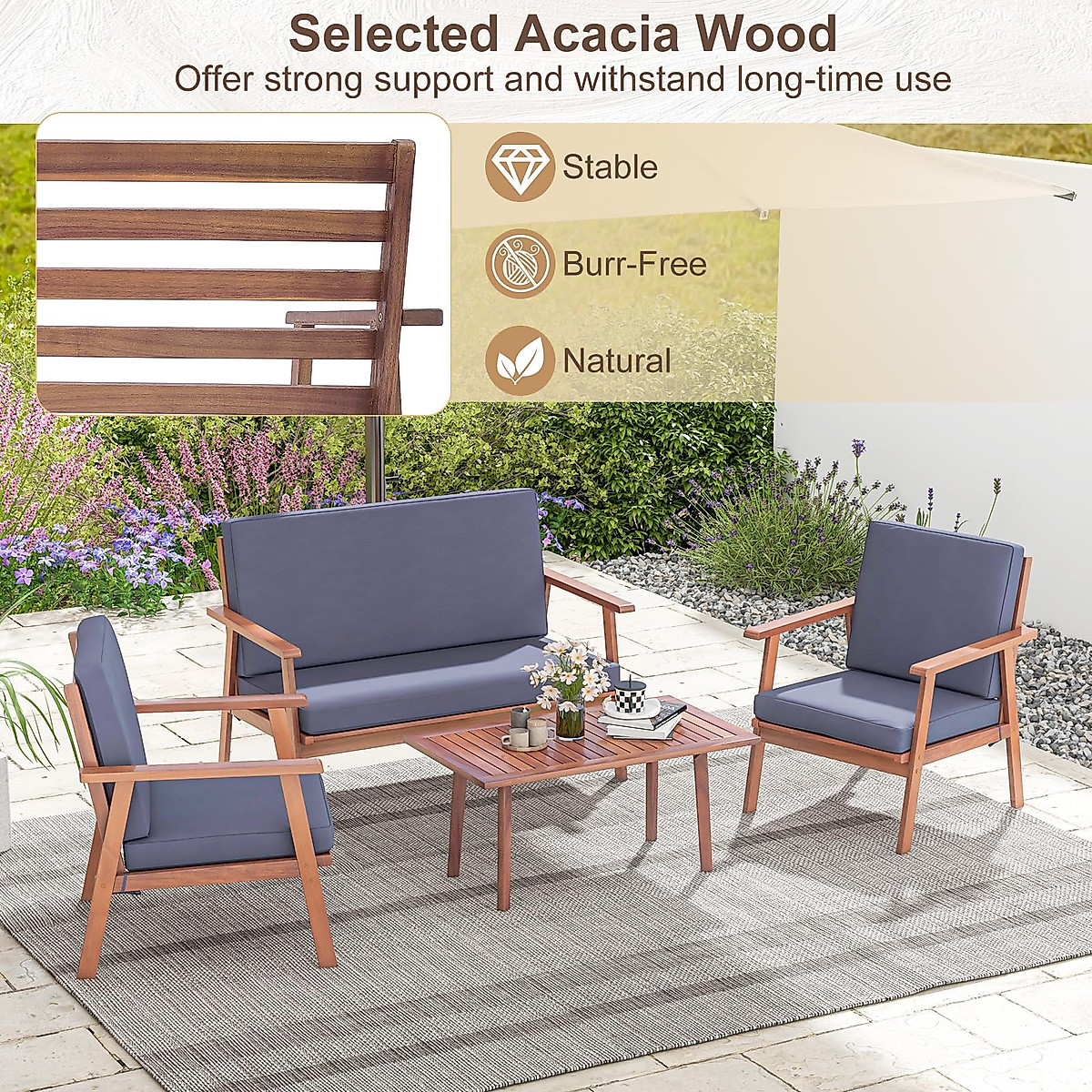 Tangkula 4 Piece Outdoor Conversation Set, Acacia Wood Sofa Set with Soft Seat & Back Cushions, Rectangle Coffee Table Patio Wood Furniture Set for Backyard, Poolside, Garden (1, Gray)