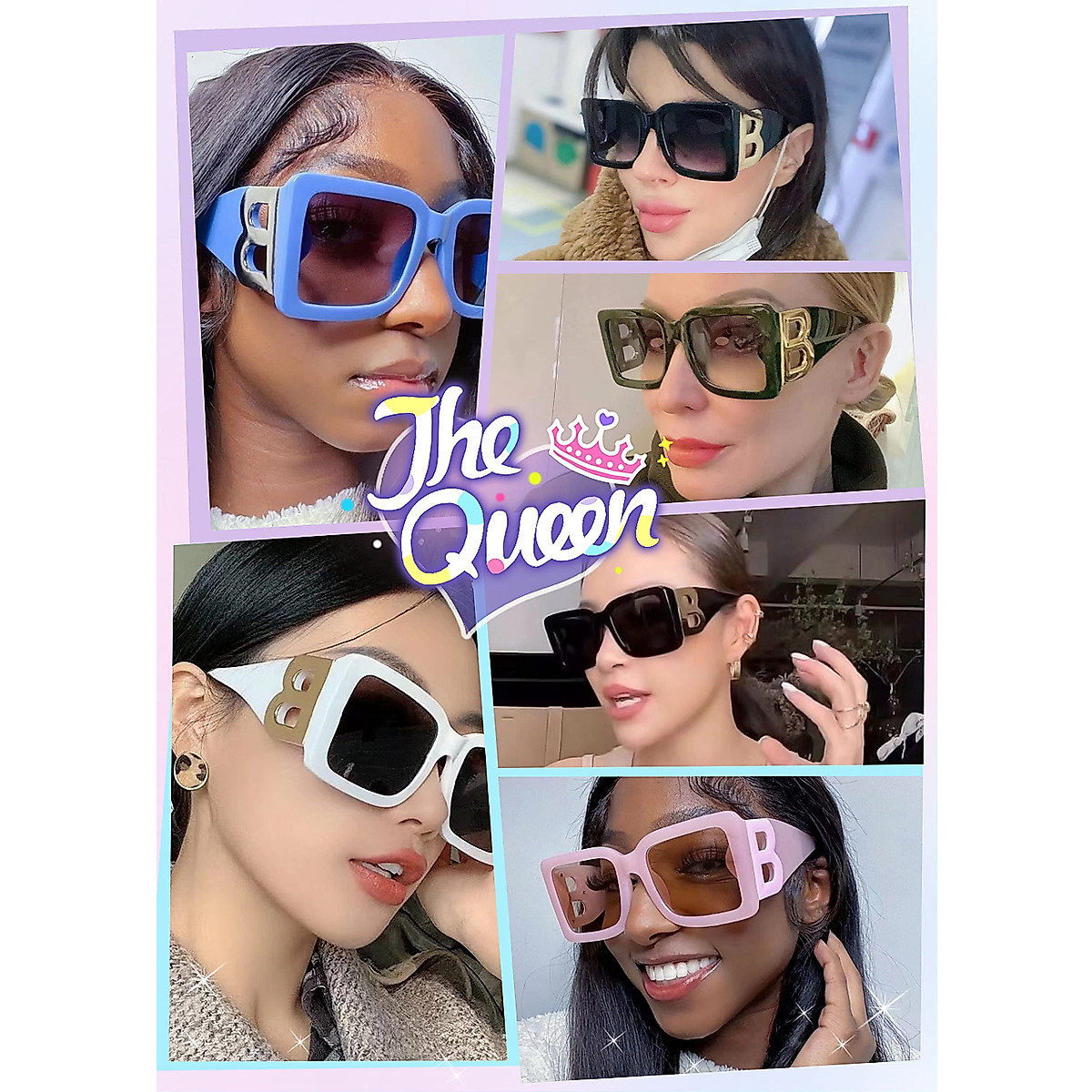 NLEYANB 6 Packs Wholesale Y2K Oversized B Rectangle Square Sunglasses Bulk for Women Men UV400