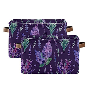 Large Foldable Storage Basket Lavender Flowers Purple Floral Storage Bin Canvas Toys Box Fabric Decorative Collapsible Organizer Bag with Handles for Bedroom Home