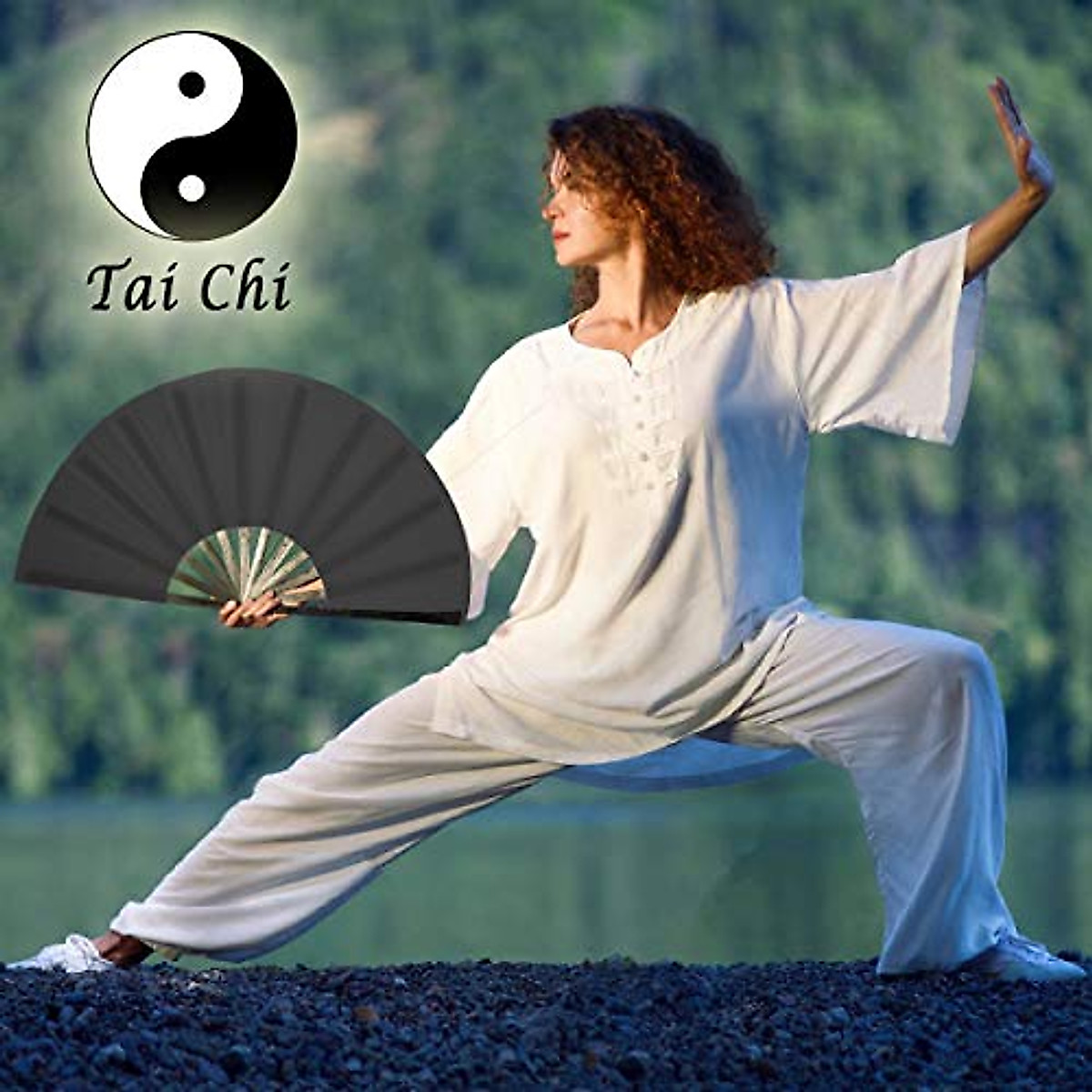 OMyTea Large Rave Clack Folding Hand Fans for Men/Women - Chinese Japanese Kung Fu Tai Chi Handheld Fans - for EDM, Music Festival, Club, Event, Party, Dance, Performance, Decoration (Black & White)