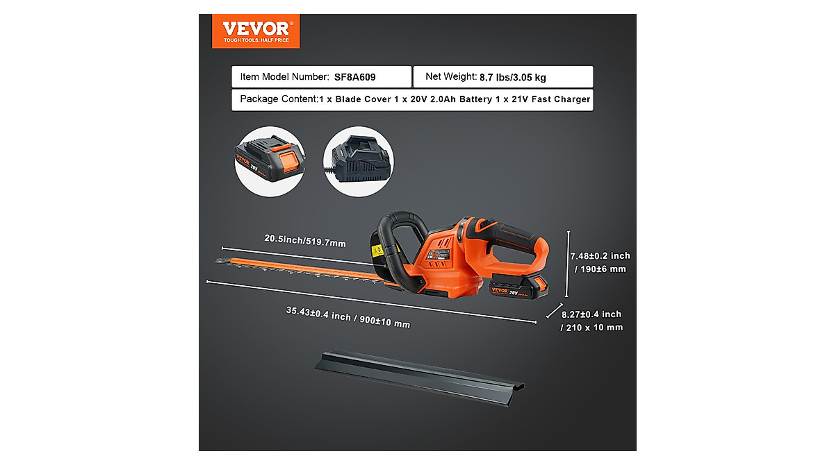 VEVOR Cordless Hedge Trimmer-20V Electric Bush Trimmer Kit with 18 inch Double-Edged Steel Blade ...