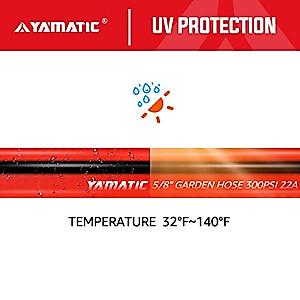 YAMATIC Garden Hose 50 ft,Ultra Durable Water Hose, 5/8 inch Premium Hose with Solid Brass Connector for All-Weather Outdoor, Car wash, Lawn, Red