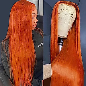 Ginger Orange Lace Front Wigs Human Hair Pre Plucked Straight 13x4 HD Lace Frontal Human Hair Wigs Ginger Wig Lace Front Human Hair with Baby Hair 180% Density Ginger Human Hair Wig 22 Inch