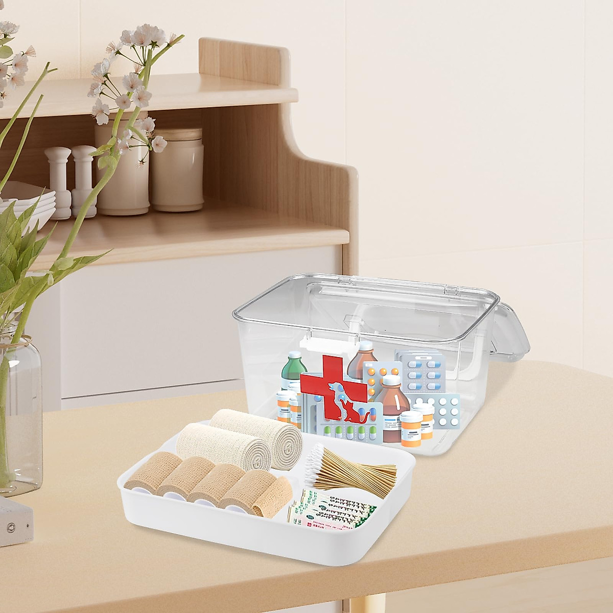 Brabtod 2 Layers Dog First Aid Kit box,Large First Aid Kit Bin,Medic Box for Dog Cat,Empty First Aid Box,Medicine Organizer with Built in Handle,Family or Dog Travel Camping Emergency Tool Set