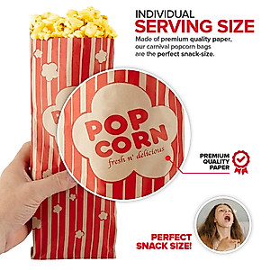 2 oz Paper Popcorn Bags Bulk (100 Pack) Large Kraft & Red Pop-corn Bag Disposable for Carnival Themed Party, Movie Night, Halloween, Popcorn Machine Accessories & Supplies, Individual Servings