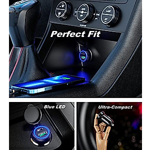 USB C Car Charger, VAZESWIN 60W 5A Mini Metal Super Fast Car Charger Adapter, QC3.0&PD Type C Dual Port Fast Charge USB Car Phone Charger with Blue LED Aperture and Protective Cover