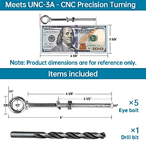 Muzata 5 Pack 1/4" x 5" Eye Bolts with Nuts Washers T316 Stainless Steel Threaded Eyebolts Heavy Duty Shoulder Lifting Ring Marine Grade UNC-3A CR32