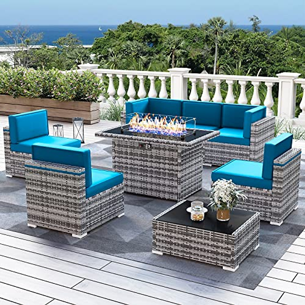 LayinSun 8 Piece Patio Furniture Set with Fire Pit Table, Outdoor Conversation Sets Wicker Rattan Sectional Sofa with Coffee Table