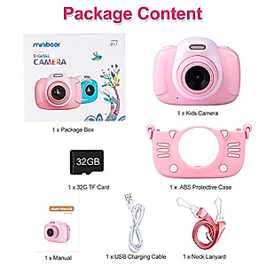 MINIBEAR Kids Camera for Girls 30MP Digital Camera for Kids Selfie Video Camera 2.4 Inch Screen Toddler Camera 3 4 5 6 7 8-10 12 Year Old Toddler Toys Camera Gifts for Girls Kids, 32GB TF Card, Pink