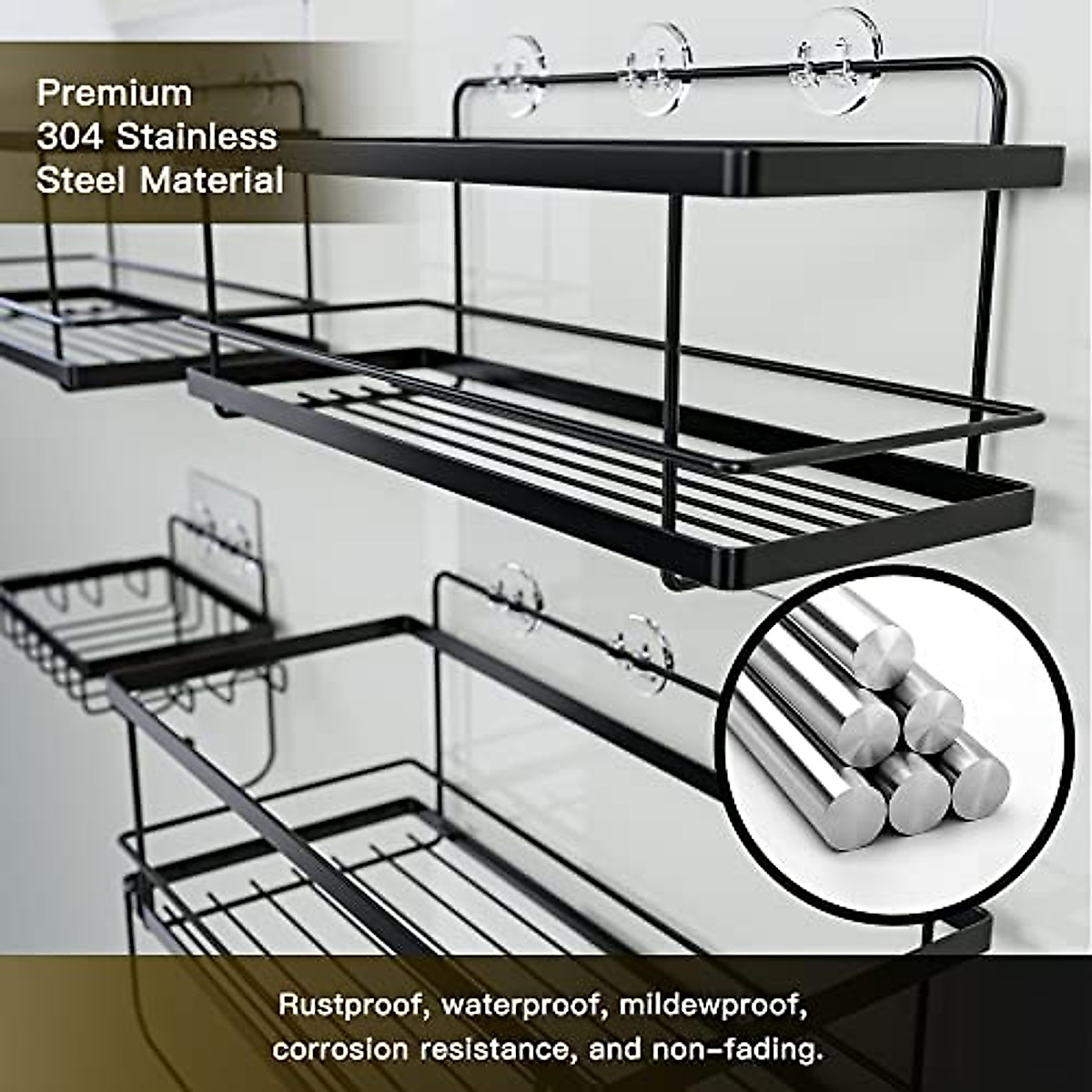 Yuthsona 4-Pack Shower Caddy, Adhesive Shower Shelves for Bathroom Organizer, Stainless Steel Shower Storage Basket with Removable Towel Rack & Hooks, Wall Mounted Shelve Soap Dish Holder for Bathroom