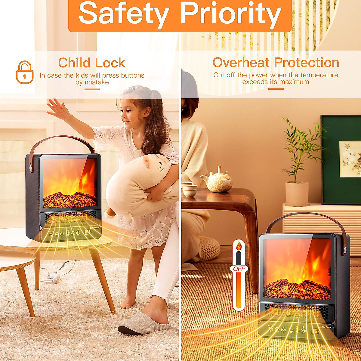 S AFSTAR 14.5" Portable Electric Fireplace, 1500W Small Fireplace Heater with 4 Flame Brightness, 12H Timer, Remote Control & Realistic 3D Flame Effect, Space Heater Fireplace for Home, Office, Indoor