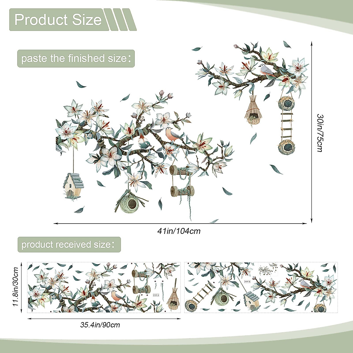 Birds on Magnolia Tree Branches Wall Stickers, ULENDIS DIY Removable White Blossom Flower Wall Decals, Birdcage Murals Wall Decor for Home Bedroom Living Room Corridor Stair