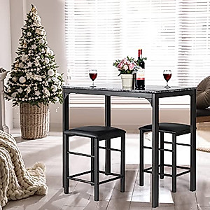 COSTWAY 3 Pieces Dining Table Set, 2 Person Kitchen Breakfast Table and Chair Set Pub Table and Chairs Set, Counter Height Dining Table Set with 2 Bar Stools (Black)