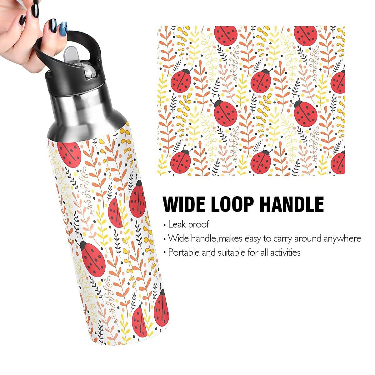 xigua Ladybug Water Bottle Double Walled Stainless Steel Leak Proof Thermo Flask for Sports Gym Cycling Outdoor,20 oz.