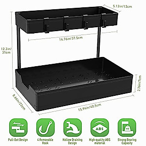 Mastom Under Sink Organizers and Storage, Kitchen Bathroom Sink Organizer with Hooks, 2 Tier L Shaped Pull Out Under Cabinet Basket Storage with Sliding Drawers, Black