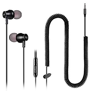 [2021 Updated] Extra Long Earbuds for TV & PC, with 12FT Spring Coiled Extension Cable, Volume Control & Mic, in-Ear Wired Headphones for 3.5mm Audio Output Devices, ChanGeek CGS06