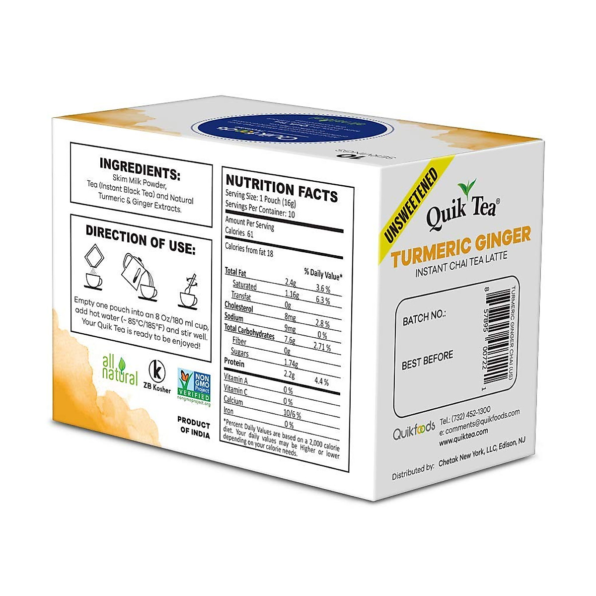 QuikTea Unsweetened Turmeric Ginger Chai Tea Latte - 10 Count Single Box - All Natural Preservative Free Authentic Instant Chai from Assam