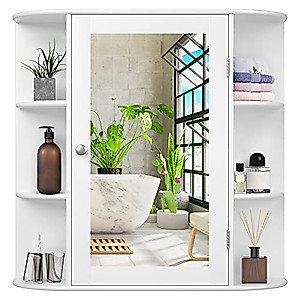 COSTWAY Wall Mounted Bathroom Cabinet - Storage Cabinet with Mirror Door & Adjustable Shelves, Space-Saving Medicine Storage Organizer for Living Room Kitchen Entryway (White)